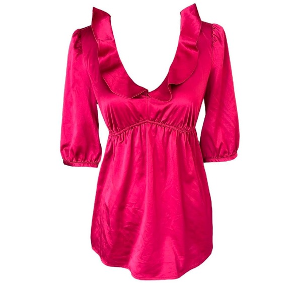 Express | Tops | Express Red Silky Ruffle Collar Blouse 34 Sleeves Size ...